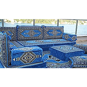 Blue Premium Arabic Seating, Handmade Floor Couches, Sectional Sofas, Turkish Floor Sofas, Moroccan Livingroom Sofas, Arabic Majlis, Sofa Slipcovers, Living Room Furniture (L Sofa Full Set)