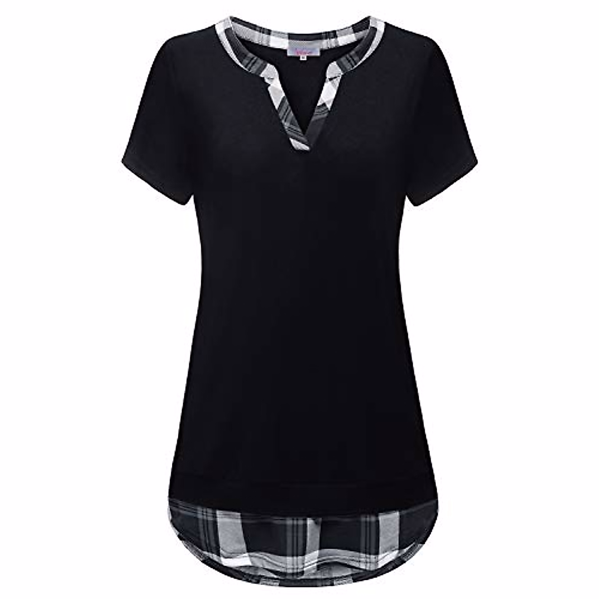 Tunic Shirts for Women Short Sleeve,Flattering Contrast Check V Neck Blouse Modest Youth Henley Tops Hi-Low Hem Casual Business Work Flowy Shirts Wear with Leggings Pullover Tunic Black Large