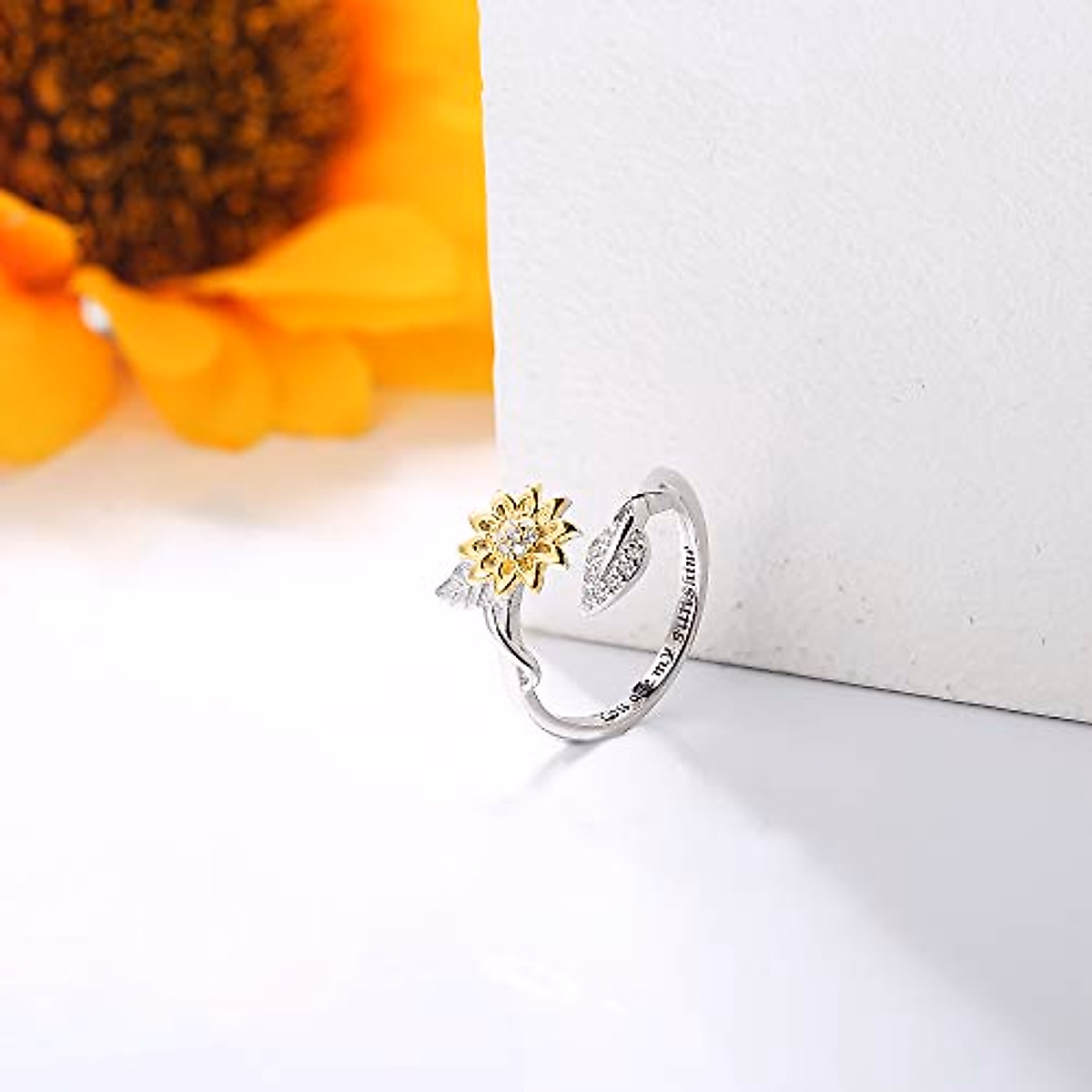 MILACOLATO Sunflower Ring Sterling Silver You are My Sunshine Ring 18K Gold Plated Adjustable Sunflower Band Rings for Women Valentine's Day Mother's Day Jewelry Gifts for Her, Size 7
