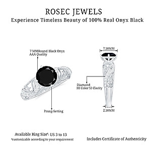 Black Onyx Solitaire Vintage Inspired Engagement Ring with Diamond | 1.50 Cttw | AAA Quality, 14K White Gold, Size:US 7.00