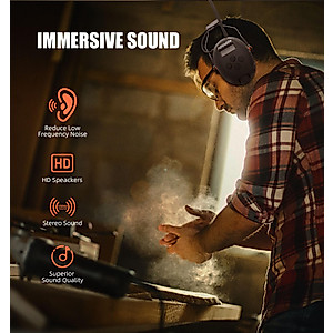 Hocazor HP033 Bluetooth 5.3 Hearing Protection AM FM Radio Headphones, 25dB NRR Noise Reduction Safety Earmuffs with 2000mAh Rechargeable Battery for Mowing Workshops, Orange