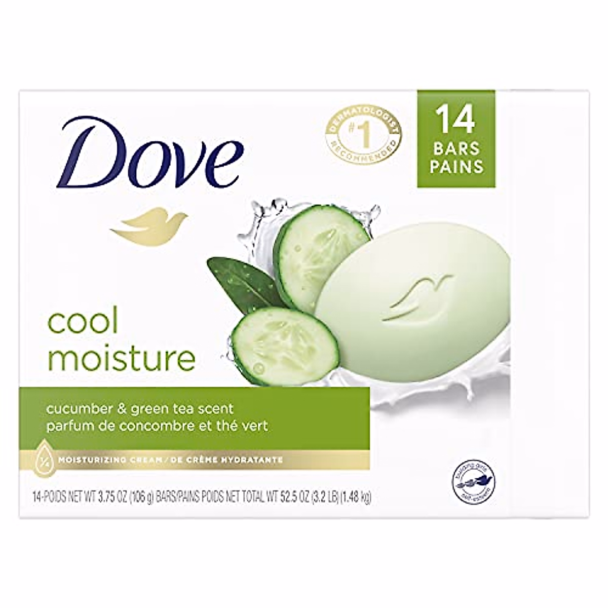 Dove Skin Care Beauty Bar For Softer Skin Cucumber and Green Tea More Moisturizing Than Bar Soap 3.75 oz, 14 Bars
