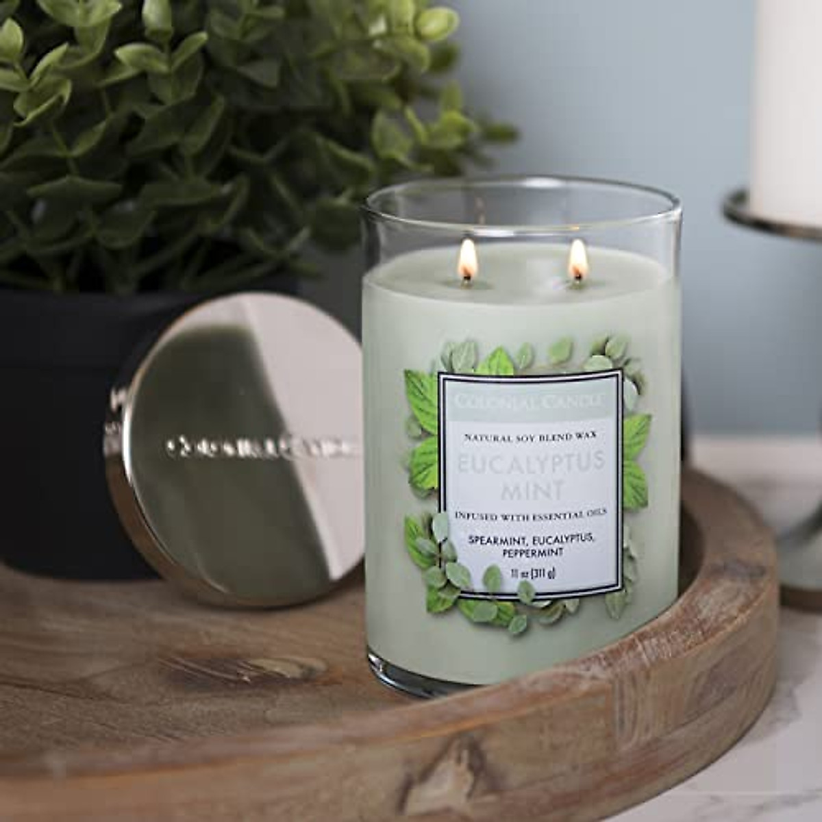Colonial Candle Eucalyptus Mint Scented Jar Candle, Classic Cylinders Collection, 2 Wick, Green, 11 oz - Up to 80 Hours Burn
