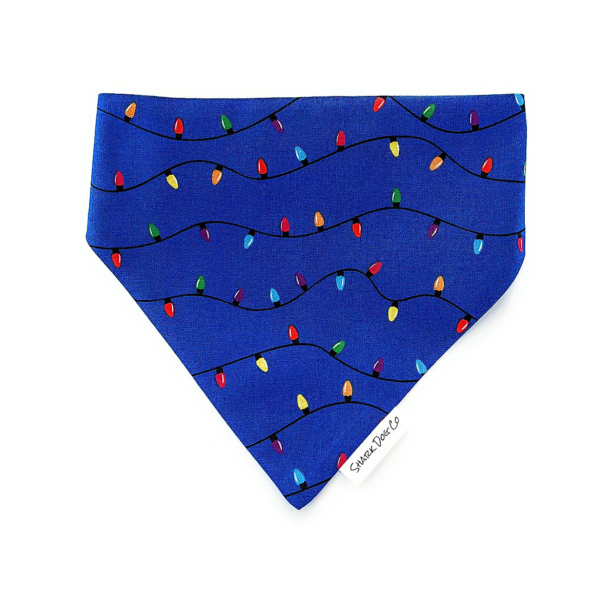 Shark Dog Co | String Lights on Blue | Christmas | Slip-on, Scrunchie Dog Bandana | No Tying or Collar Necessary | Machine Washable (S)