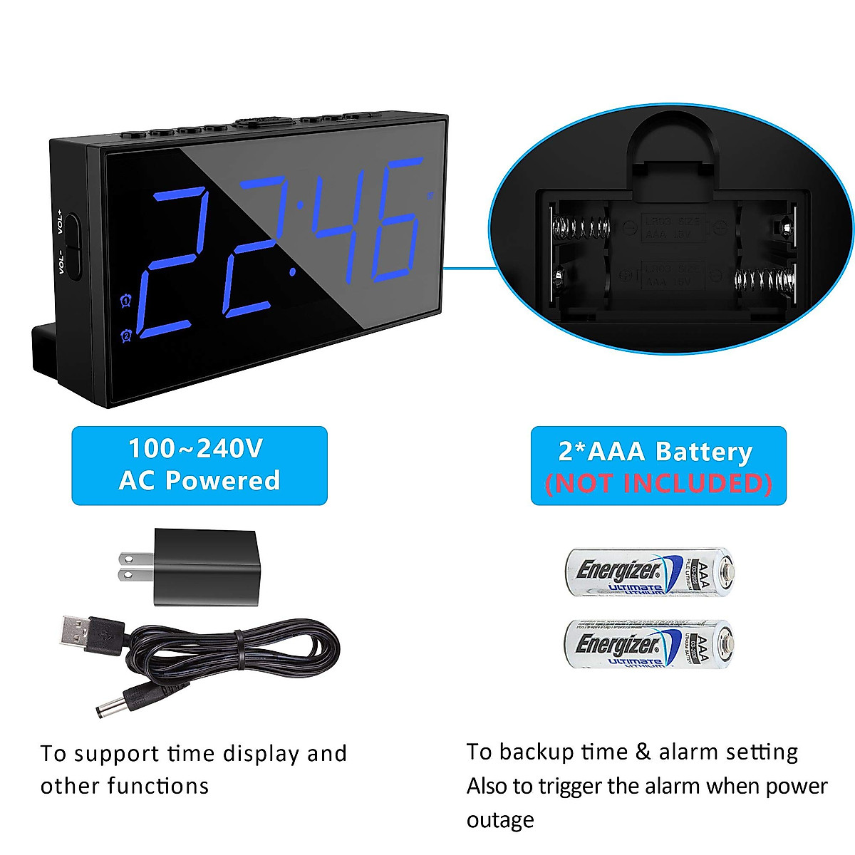 Digital Dual Alarm Clock for Bedroom, Large Display Bedside with Battery Backup, USB Phone Charger, Volume, Dimmer, Easy to Set Loud LED Heavy Sleepers Kid Senior Teen Boy Girl Kitchen
