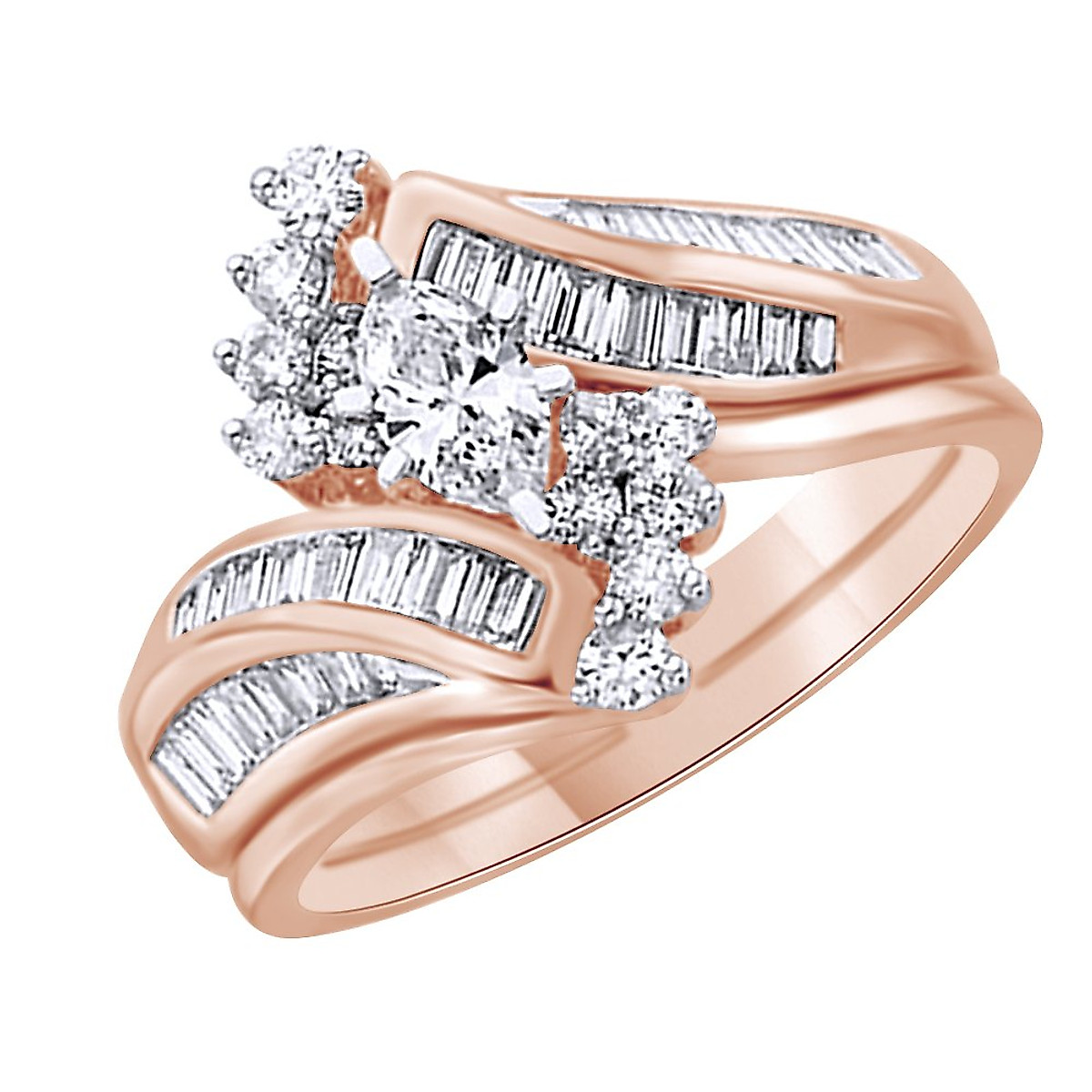 AFFY Marquise & Baguette Cut White Natural Diamond Bypass Engagement Wedding Ring Set in 14K Solid Rose Gold (1 Ct)