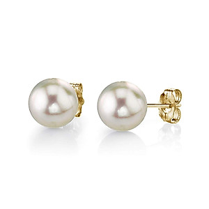 THE PEARL SOURCE 14K Gold 8.5-9mm Hanadama Quality Round White Akoya Cultured Pearl Pearl Stud Earrings for Women