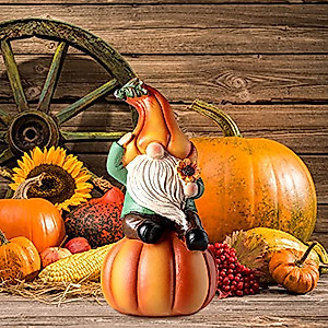 Jetec Thanksgiving Fall Gnome Statue Fall Pumpkin Gnome Decoration White Beard Figurine Autumn Resin Dwarf Elf Statue for Porch Garden Outdoor Yard Halloween Decorations, 6.7 Inch High