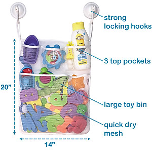 Lilly's Love Bath Toy Storage - Large 14 x 20 inch Bathtub Toy Holder + 2 Locking Hooks, Quick Dry & Easy for Kids to Put Bath Toys Away