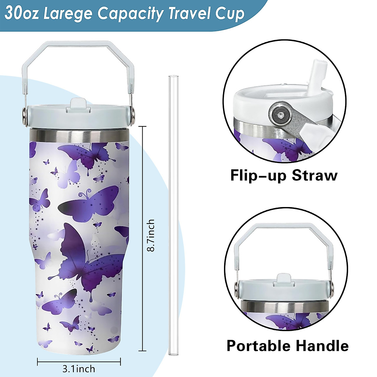 Queen Hero 30 oz Butterfly Tumbler with Handle, Large Insulated Tumbler with Flip & Straw Coffee Mug Cup Stainless Steel Gifts for Women Men Youth