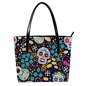 Large Leather Handbags for Women Skull Purple Top Handle Shoulder Satchel Hobo Bag