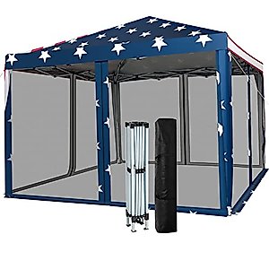 Tangkula 10x10 ft Pop-Up Canopy Tent, Outdoor Canopy Tent with Carry Bag, Waterproof Screen House Room Tent with Netting for Camping, Backyard, Wedding, American Flag Printing