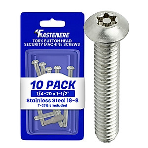 Fastenere Torx Security Machine Screws - 1/4-20 x 1-1/2" (10-Pack) Stainless Steel, Tamper-Resistant, Button Head Screws, Bolt Screw for Higher Level of Safety & Theft Prevention