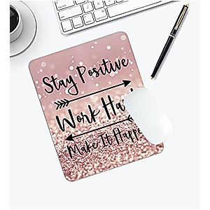 Amcove Gaming Mouse Pad Custom, Stay Positive Work Hard and Make It Happen Inspirational Quotes Mouse pad Art Rose Gold and Silver Glitter Black Quote