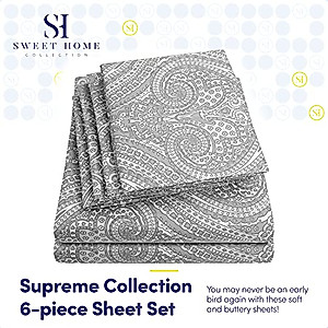 Queen Sheets Paisley Grey - 6 Piece 1500 Supreme Collection Fine Brushed Microfiber Deep Pocket Queen Sheet Set Bedding - 2 Extra Pillow Cases, Great Value, Queen, Paisley Gray