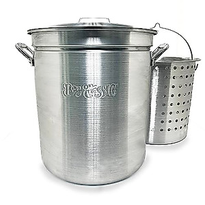 Bayou Classic 4060 60-qt Aluminum Stockpot w/Basket Features Domed Vented Lid Heavy Riveted Handles Perforated Aluminum Basket Perfect For Boiling Steaming and Canning