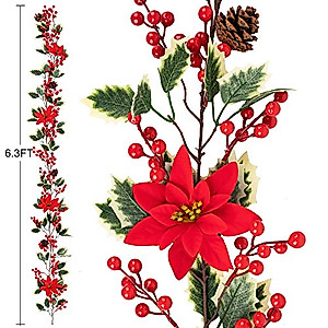 Mocoosy 6.3FT Red Berry Christmas Garland with Pine Cones and Poinsettia, Artificial Berries Garland Poinsettia Christmas Decorations for Indoor Outdoor Fireplace Winter Holiday Xmas Home Decor