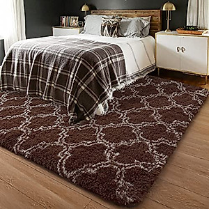 HOMORE Living Room Rug, 6x9 Brown Area Rug for Farmhouse Living Room Bedroom Rug, Soft Shaggy Furry Faux Fur Rugs for Kids Room, Geometric Rugs for Aesthetic Rug for Indoor Floor, Brown/Beige