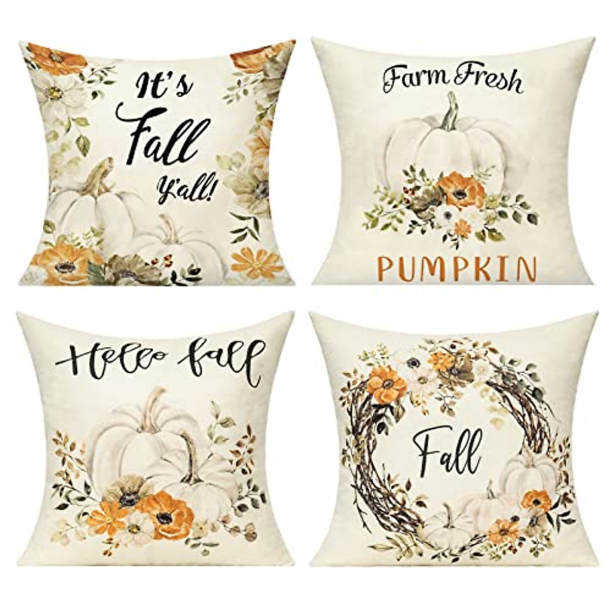 WOKANI Fall Thanksgiving Decor Throw Pillow Covers 18x18 Outdoor Pumpkin Autumn Harvest Decoration Garden Flowers Cushion Cases Outside Rustic Boho Decorative for Patio Porch Home Couch Sofa Set of 4