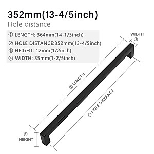 Redunest Cabinet Pulls Matte Black Cabinet Handles Square Drawer Pulls, 5 Pack 13-4/5 Inch Stainless Steel Kitchen Door Cupboard Cabinet Handles, Drawer Hardware Handles, 352mm Hole Centers