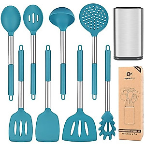 Silicone Cooking Utensil Set, 8Pcs Non-stick Cookware with Stainless Steel Handle, BPA Free Heat Resistant Kitchen Tools with Spatulas, Turners, Spoons, Skimmer and Pasta Fork