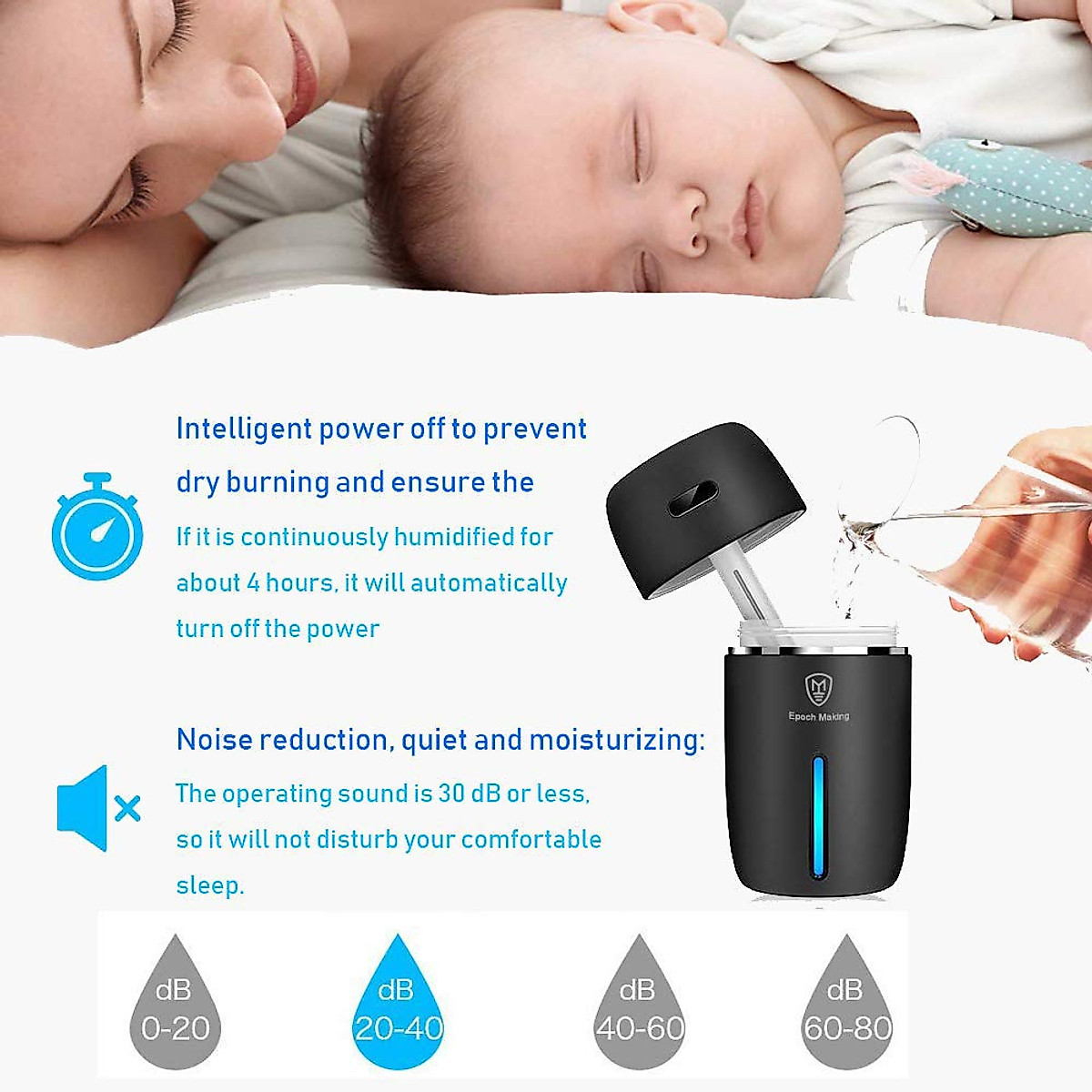 Epoch Making USB Car Humidifier, 200 Milliliter Mini Portable Humidifiers Air Purifier with 7 Colors LED Night Light, Quiet Operation, Adjustable Mist Modes for Travel Home Baby Office Car (Black)