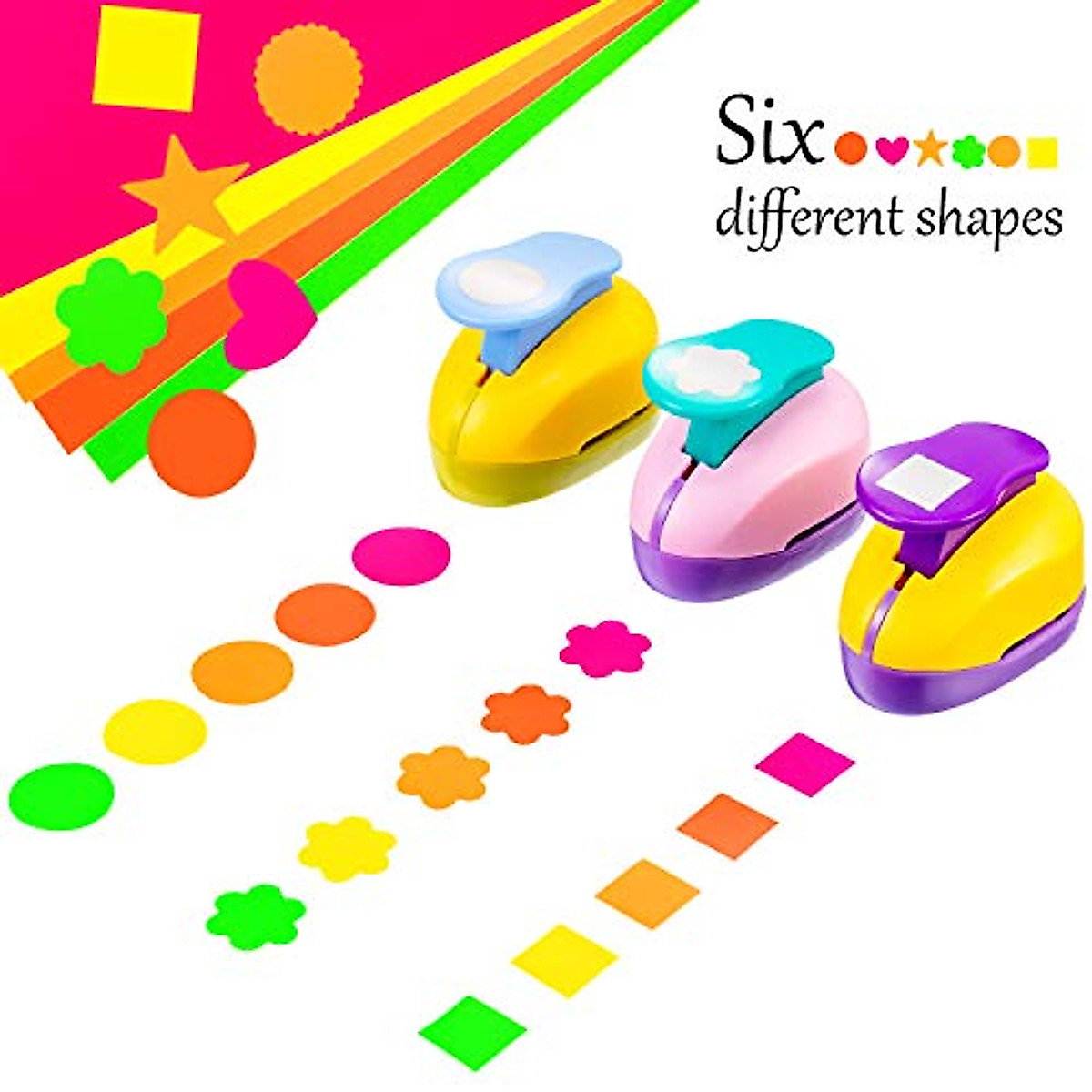 Craft Holes Punch 1 Inch Paper Punchers Scrapbook Punches with Craft Sticker Paper, Round, Star, Square, Heart, Flower, Wave Circle Shape (16 Pieces)