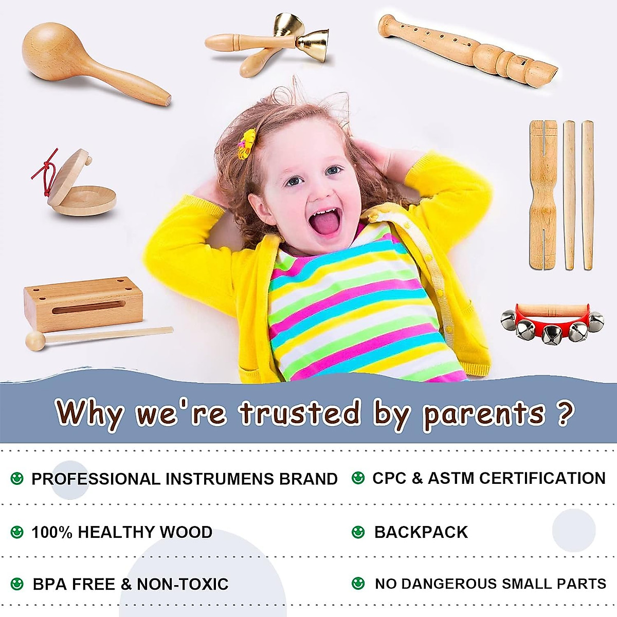 LOOIKOOS Toddler Musical Instruments, Eco Friendly Musical Set for Kids Preschool Educational, Natural Wooden Percussion Instruments Musical Toys for Boys and Girls with Storage Bag