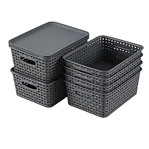 Bringer Plastic Storage Baskets Bins with Lid, Small Storage Organizer Bin, 6 Pack, Gray