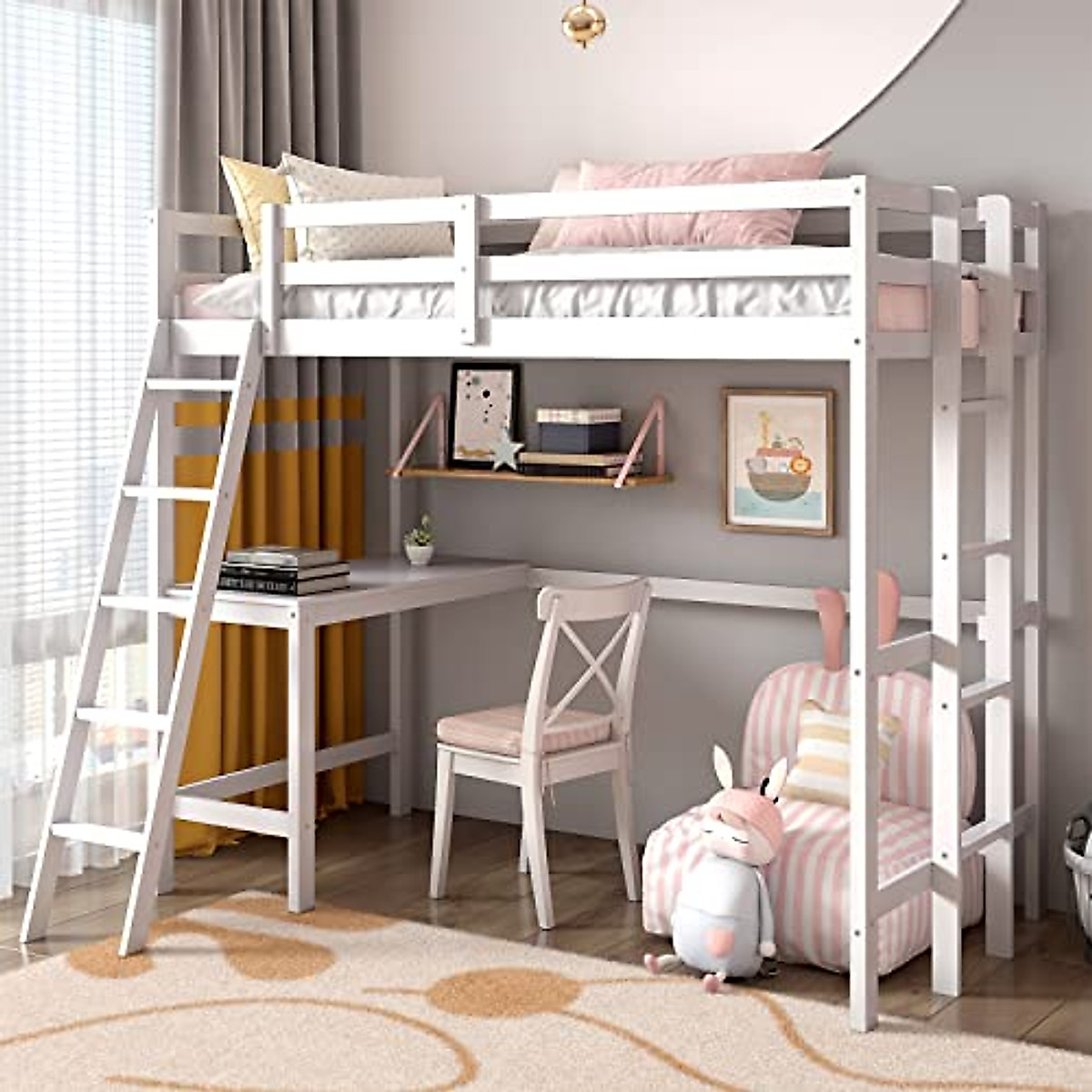 KOMFOTT Twin Loft Bed with Desk, Solid Wood Loft Bed Frame with 2 Ladders, Safety Guardrail for Teenagers and Adults, Space-Saving Loft Bed with Wooden Slats Support, No Box Spring Needed (White)
