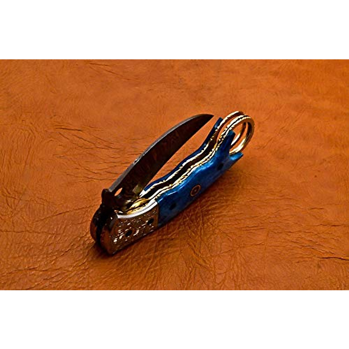 8.5" Handmade Damascus Folding Pocket Knife Karambit Knife Hunting Knife Handle Camel Bone Handmade Damascus Steel with Leather Sheath B50