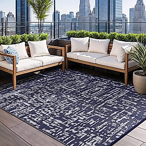 Beverly Rug Abstract Outdoor Rugs 6x9 Waterproof Reversible Plastic Straw Rug Outdoor Carpet, Outside Mat for Patio, Camping, Picnic, Porch, Deck, RV, Beach, Pool, Blue and White