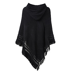 Ferand Ladies' Hooded Cape with Fringed Hem, Crochet Poncho Knitting Patterns for Women, Black