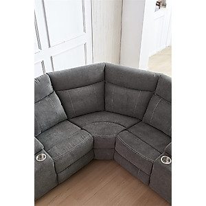 Elountik Modern Fabric Upholstered Power Reclining Sectional Couch with 2 Power Recliners, 2 Storage Consoles, 4 Cup Holders, USB Charging Ports, Gray Frabic