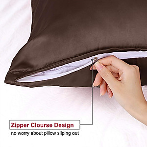 uxcell Standard Satin Pillowcase with Zipper, Super Soft and Luxury, Silky Pillow Cases Covers Set of 2, 21"x27", Brown