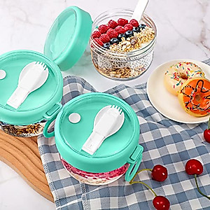 4 Pcs Overnight Oats Container with Lids and Spoons, 20 oz Plastic Overnight Oats Jars Large Capacity Airtight Yogurt Container for Milk, Fruit, Cereal and Salad Storage (Cyan)