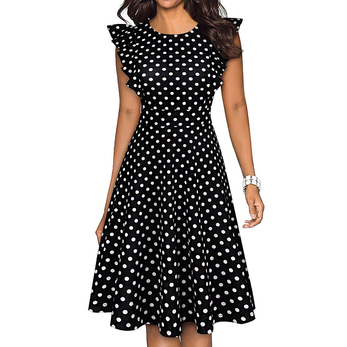 YATHON Women's Vintage Ruffle Floral Flared A Line Swing Casual Cocktail Party Dresses (S, YT001-Black Dot)