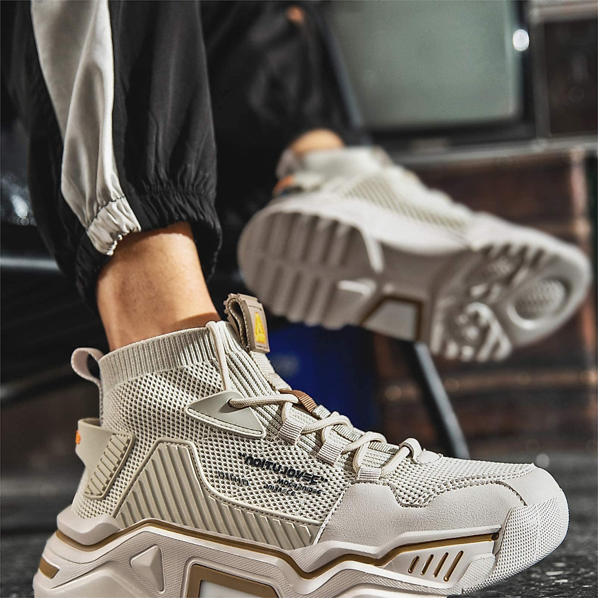 SANNAX Fashion Shoes for Mens High Top Casual Walking Shoes Non Slip Breathable Mesh Lightweight Sneakers Beige 10