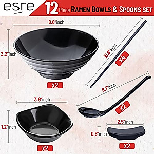ESRE 2 sets (12 pieces) 37 oz Japanese Ramen Bowl with Chopsticks and Spoons | Asian Chinese Large Ramen Noodle Bowl | Dinnerware Ramen bowl set and Pho Bowl (Black)