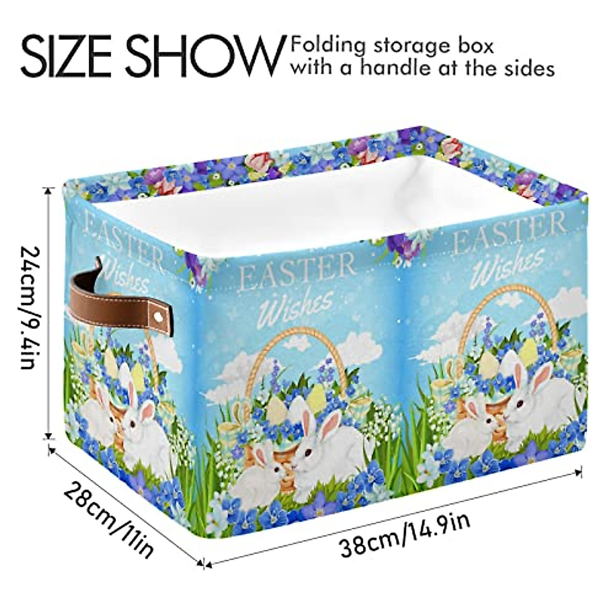 Foldable Storage Basket, Cube Organizer Bins Easter Egg Basket with Bunnies and Spring Flower Cube Bag Dual Handles for Closet Shelf