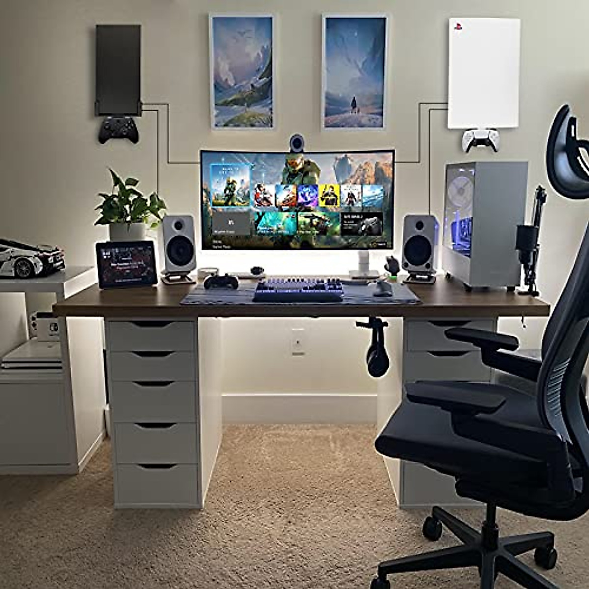 PS5 Wall Mount for Playstation 5 Disc Edition and Digital Edition (Mount The Console on Wall Near or Behind TV with Invisible Design), Including 2 Accessories Holders for Controller & Headset (White)
