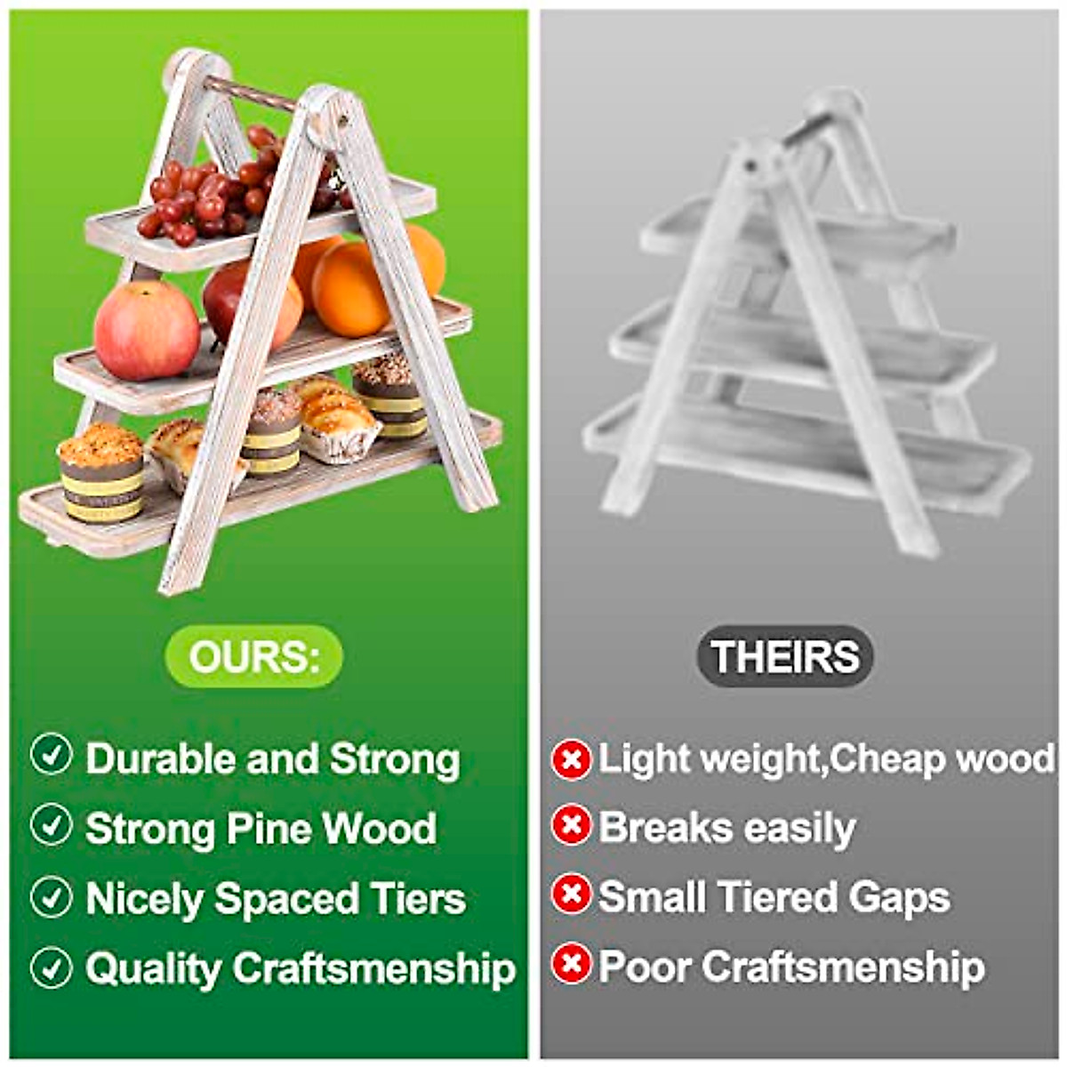 MHM 3 Tier Serving Tray Farmhouse Rustic Gray Wooden 3-Tier Serving Tray - 3 Tier Cupcake Stand Collapsible White Grey Rustic Serving Tray for Parties and Picnics