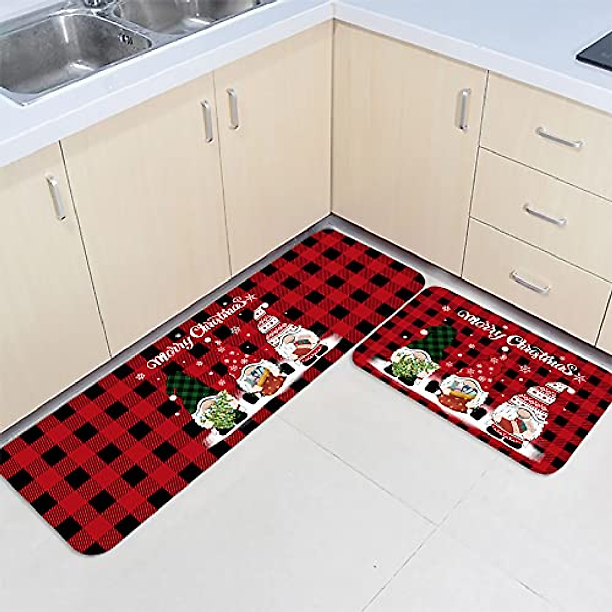 Perdecor Kitchen Rugs and Mats Water Absorbent Non Skid Gnomes Santa Snowflake Red Black Buffalo Plaid Ugly Print, 20210910-GYT-PER001SLXM10373MDEAPED, 15.7x23.6 inch+15.7x47.2 inch