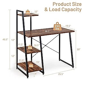 COSTWAY Computer Desk with 4-Tier Storage Shelves, Home Office Desk Writing Table with Sturdy X-Shape Frame, Adjustable Foot Pads, Modern Simple Style Small Study Desk, Wide Tabletop (Brown and Black)