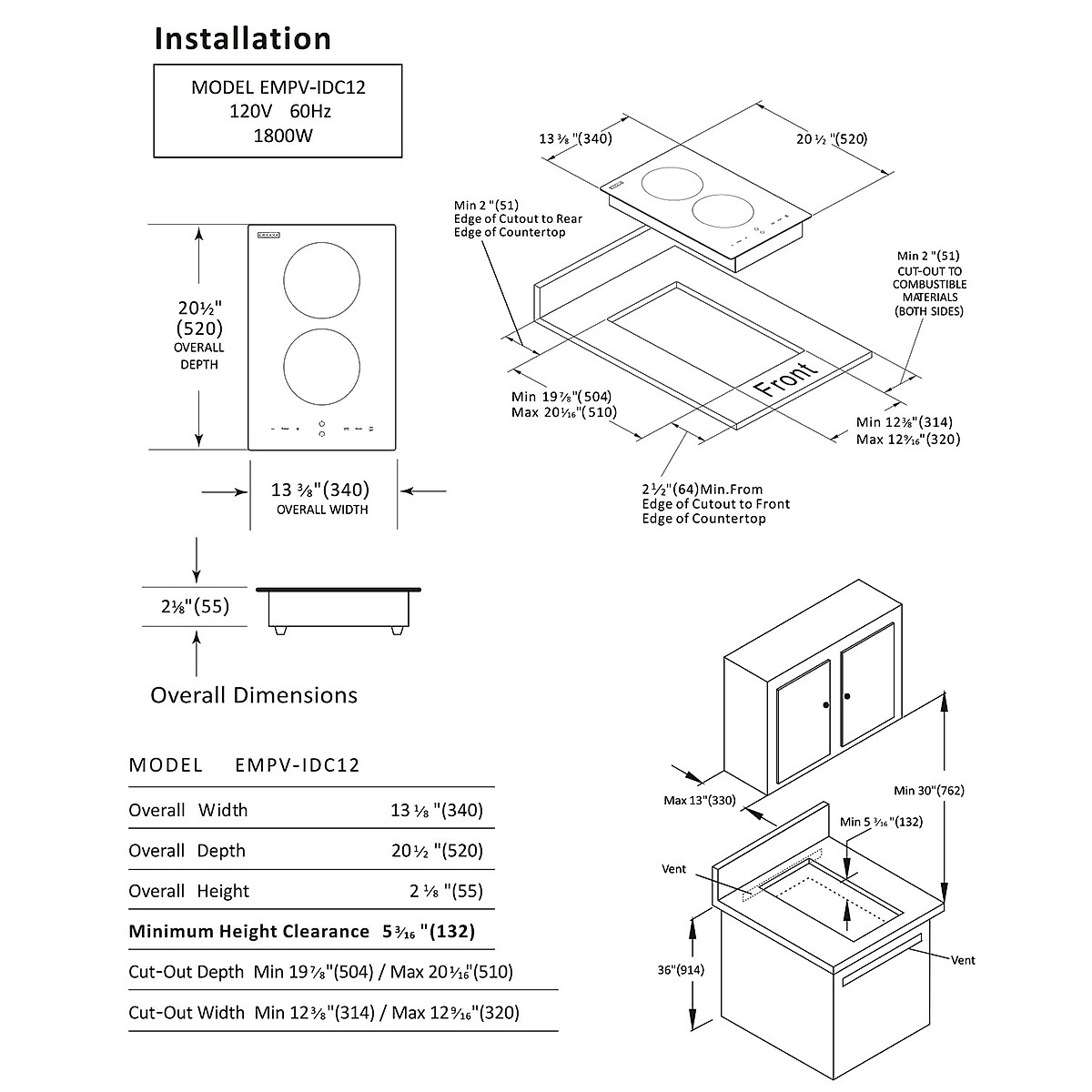 Empava Electric Stove Induction Cooktop Vertical with 2 Burners Vitro Ceramic Smooth Surface Glass in Black 120V, 12 Inch