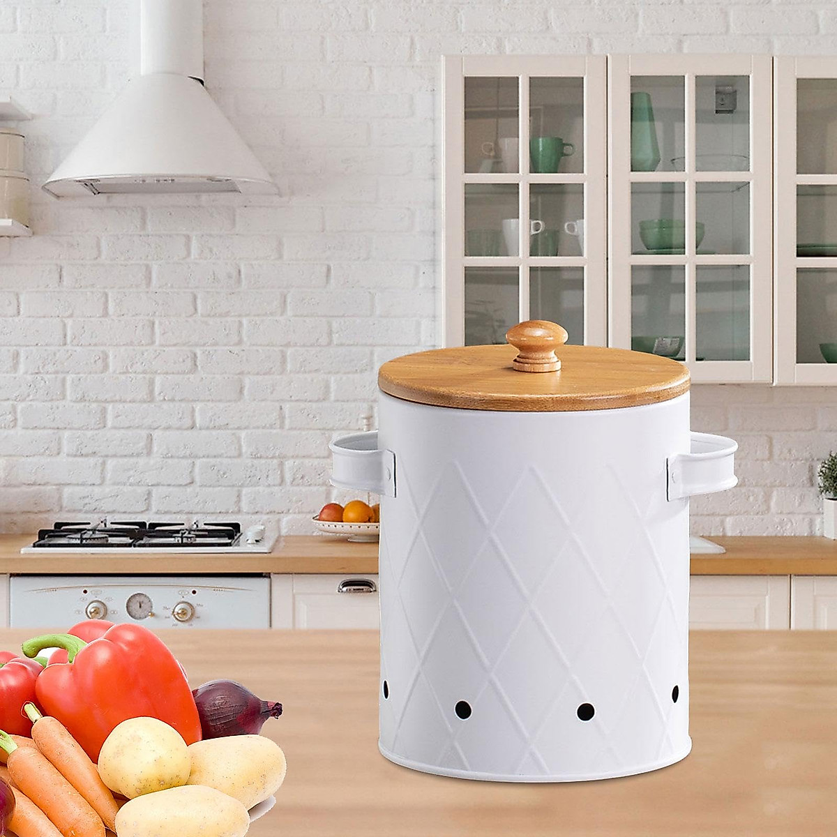 Bothyi Rustic/Farmhouse Potato Storage Canister, White Medium, Food Storage Container, Single, Ventilated & Portable, Rectangular Flip Top, 22.5cm x 22.5cm x 19.5cm