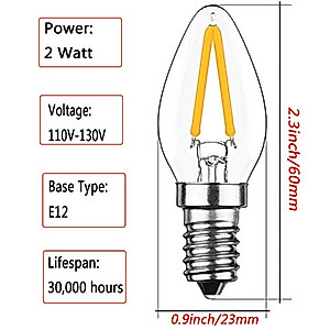 KIMROO 2W E12 C7 Candelabra LED Bulbs(6 Pack) 15W Enquivalent E12 Base LED Filament 2W Bulb 120V Dimmable 2700K Warm White Clear Glass C7 Mini Candle Torpedo Shape for Night Light (Warm White)
