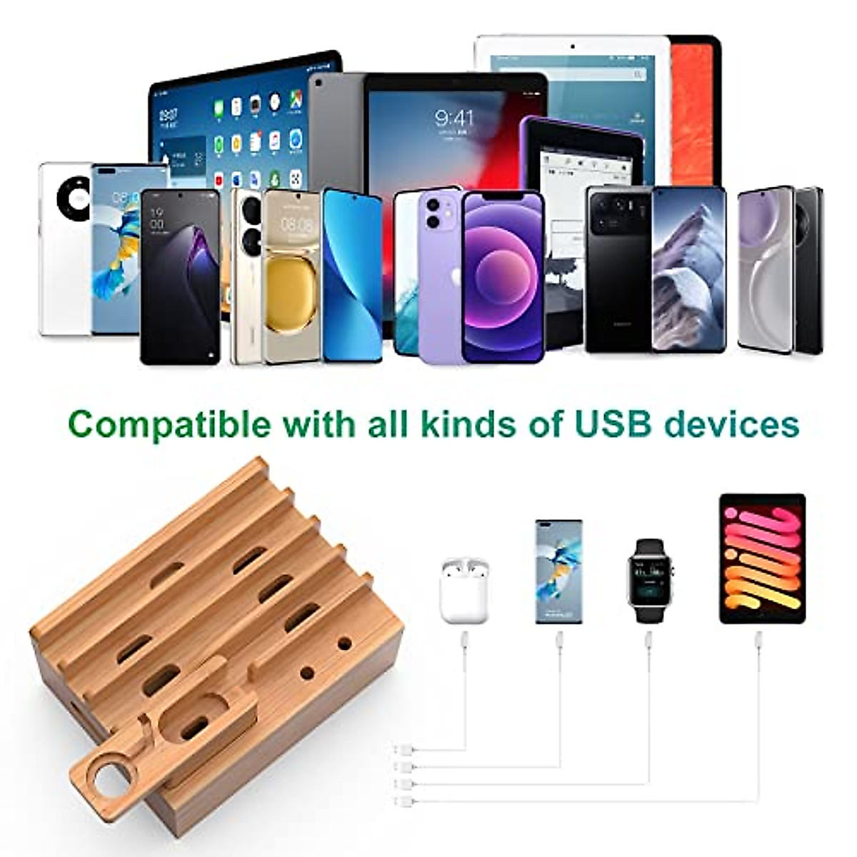 Pezin & Hulin Bamboo Charging Station for Multiple Devices (Included 5 Port USB Charger, 6 Pack Charge & Sync Cables, SmartWatch & Earbuds Stand), Electronic Device Desktop Dock Stations Organizer