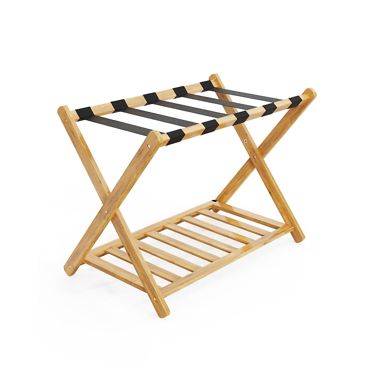 Luggage Rack, Folding Suitcase Stand with Storage Shelf, Natural Bamboo Suitcase Storage, Heavy-Duty Luggage Holder for Guest Room, Bedroom, Hotel, Luggage Racks for Suitcases, Holds up to 150lb