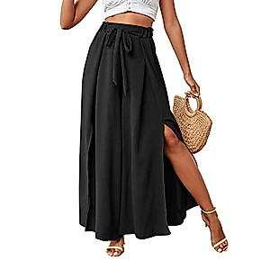 LYANER Women's Tie Front High Waist Side Split Slit Flowy Wide Leg Pleated Pant with Belt Solid Black XX-Large